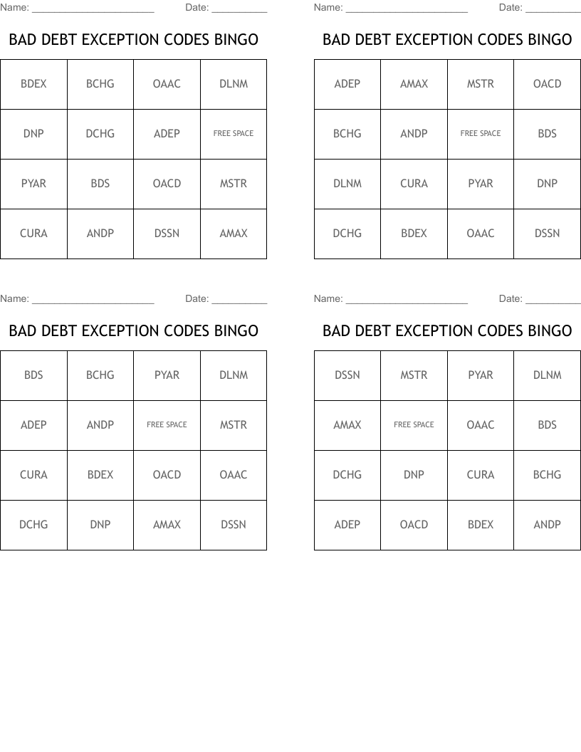 BAD DEBT EXCEPTION CODES BINGO - WordMint