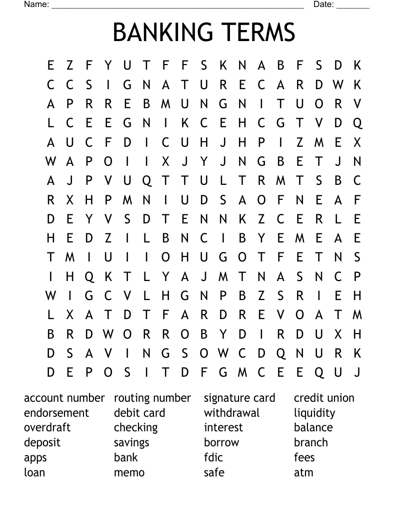Banks Word Search WordMint