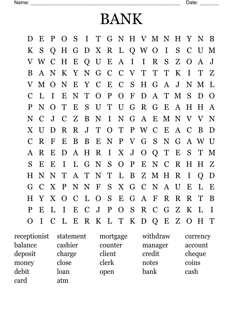 Banking Word Search WordMint