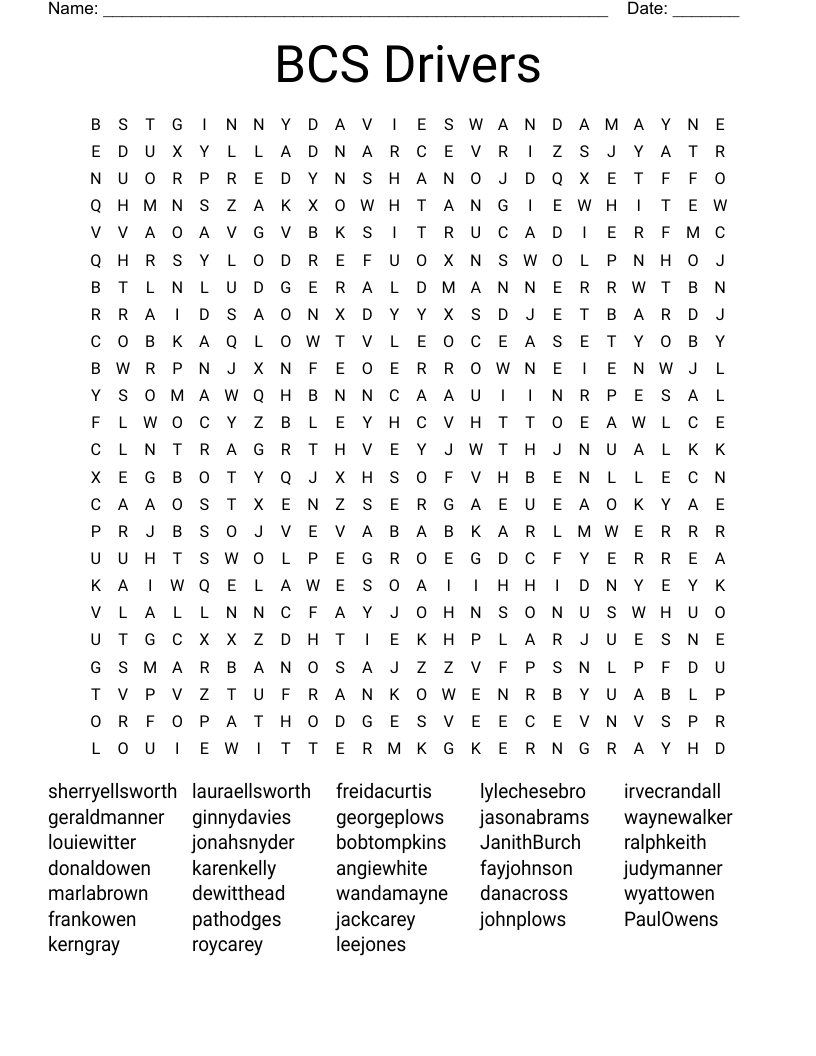 BCS Drivers Word Search - WordMint
