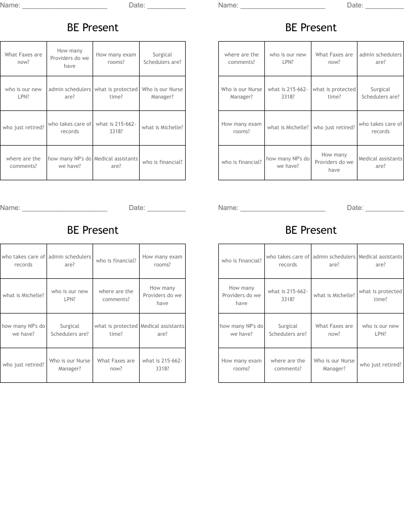 BE Present Bingo Cards - WordMint