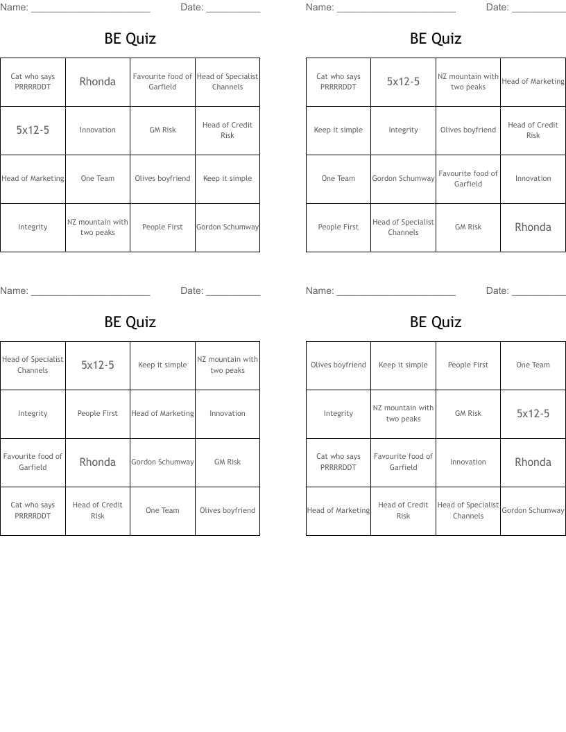 BE Quiz Bingo Cards - WordMint