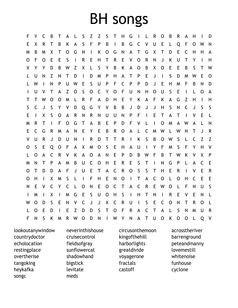 BH songs Word Search - WordMint