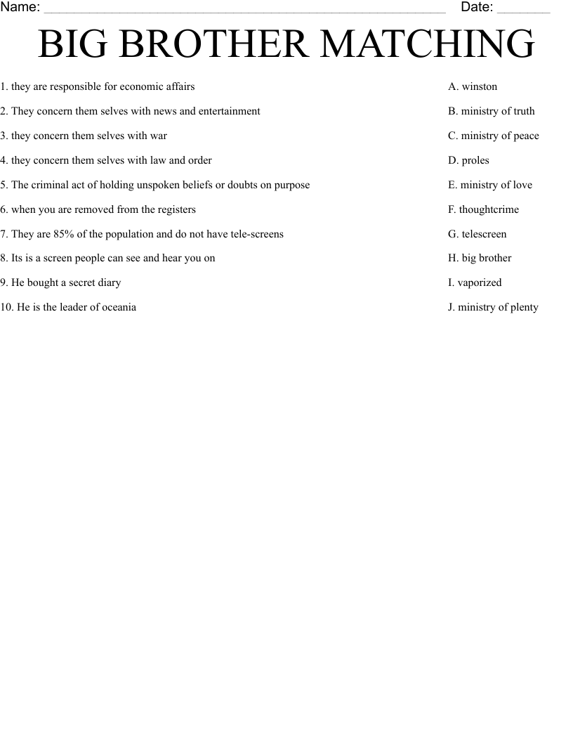 BIG BROTHER MATCHING Worksheet - WordMint