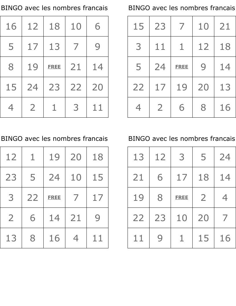 BINGO avec les nombres francais - WordMint
