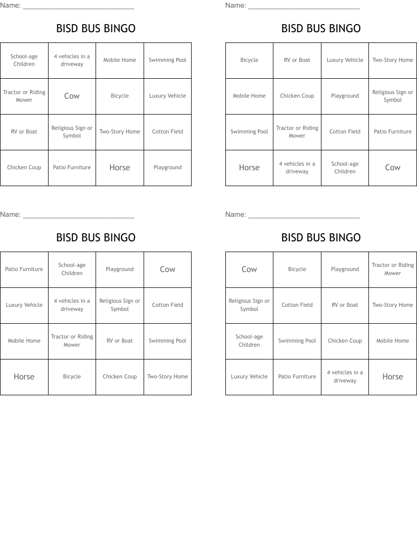 BISD BUS BINGO - WordMint