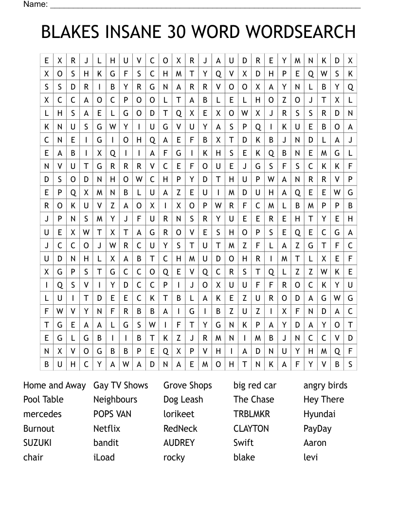 BLAKES INSANE 30 WORD WORDSEARCH - WordMint