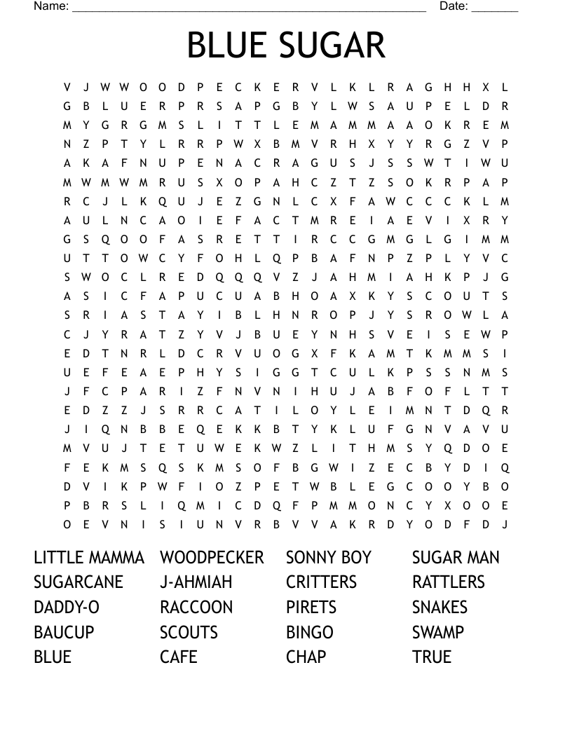 BLUE SUGAR Word Search - WordMint