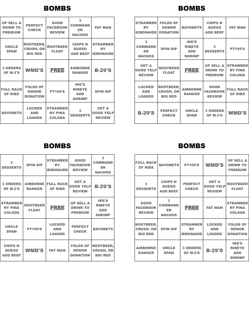 BOMBS Bingo Cards - WordMint