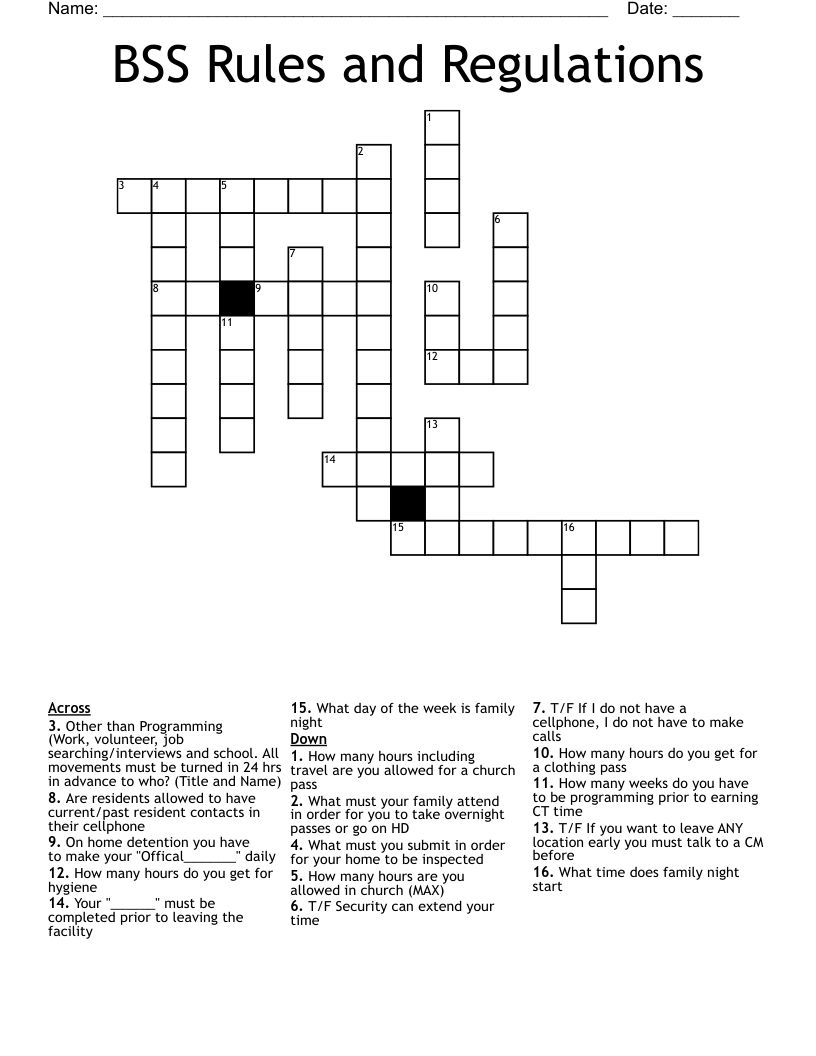 BSS Rules And Regulations Crossword WordMint