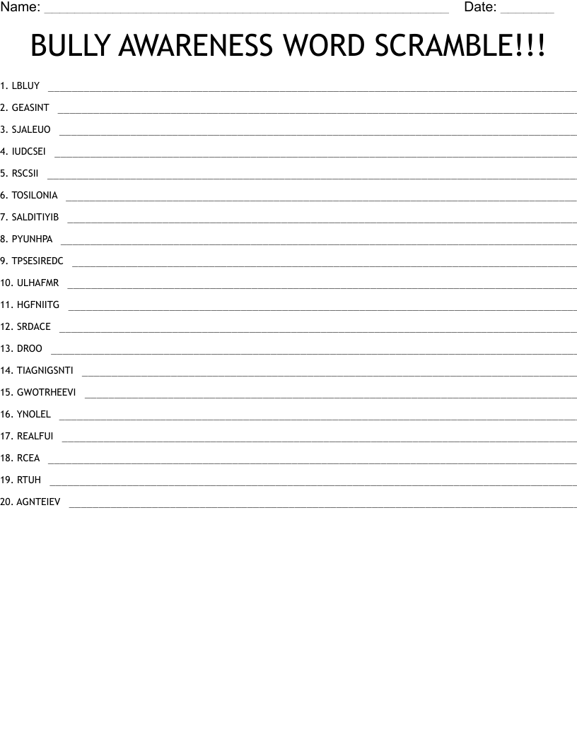BULLY AWARENESS WORD SCRAMBLE!!! - WordMint