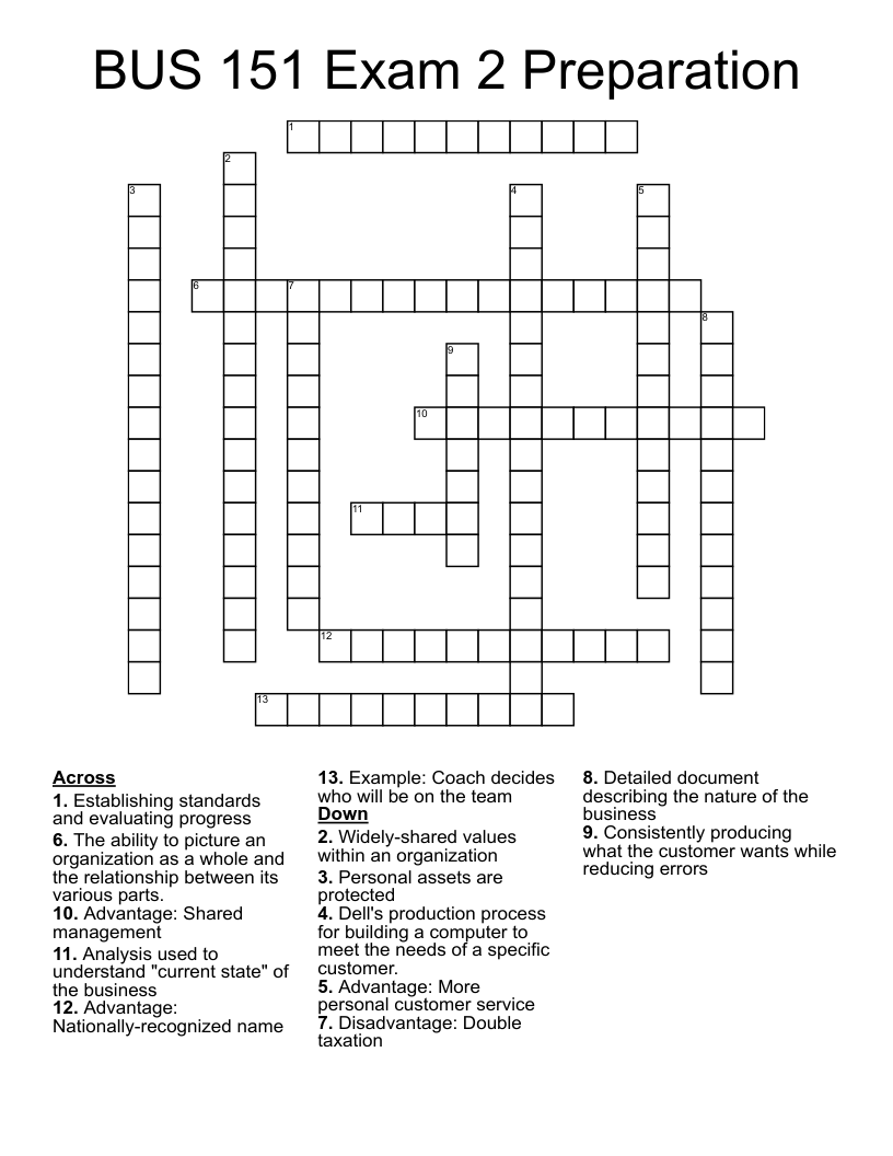 BUS 151 Exam 2 Preparation Crossword - WordMint