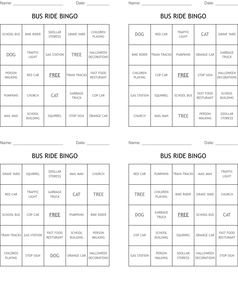 BUS RIDE BINGO - WordMint