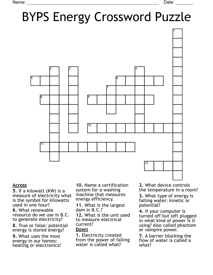 BYPS Energy Crossword Puzzle - WordMint