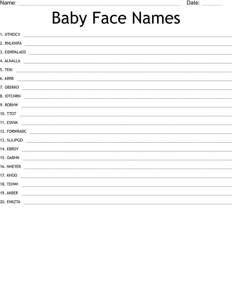 Baby Face Names Word Scramble - WordMint