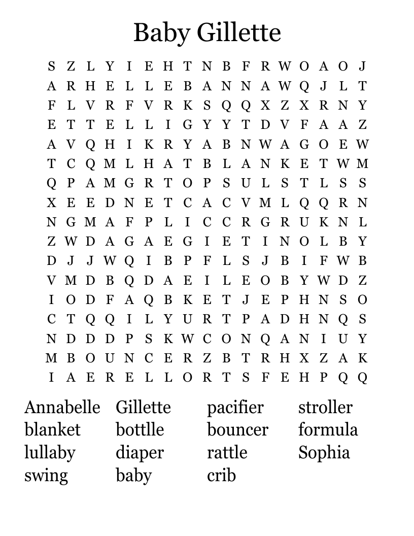Baby Gillette Word Search - WordMint