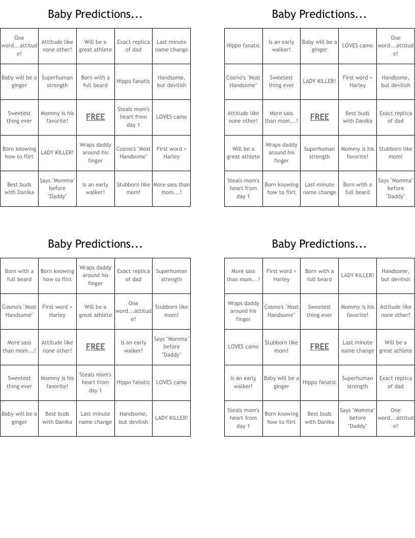 Baby Predictions... Bingo Cards - WordMint
