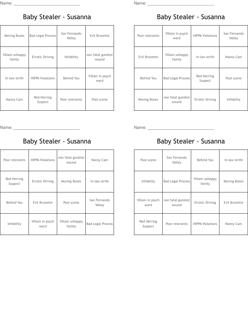 Baby Stealer - Susanna Bingo Cards - WordMint