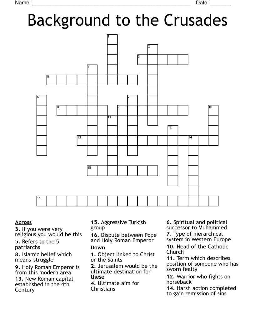 Background to the Crusades Crossword - WordMint