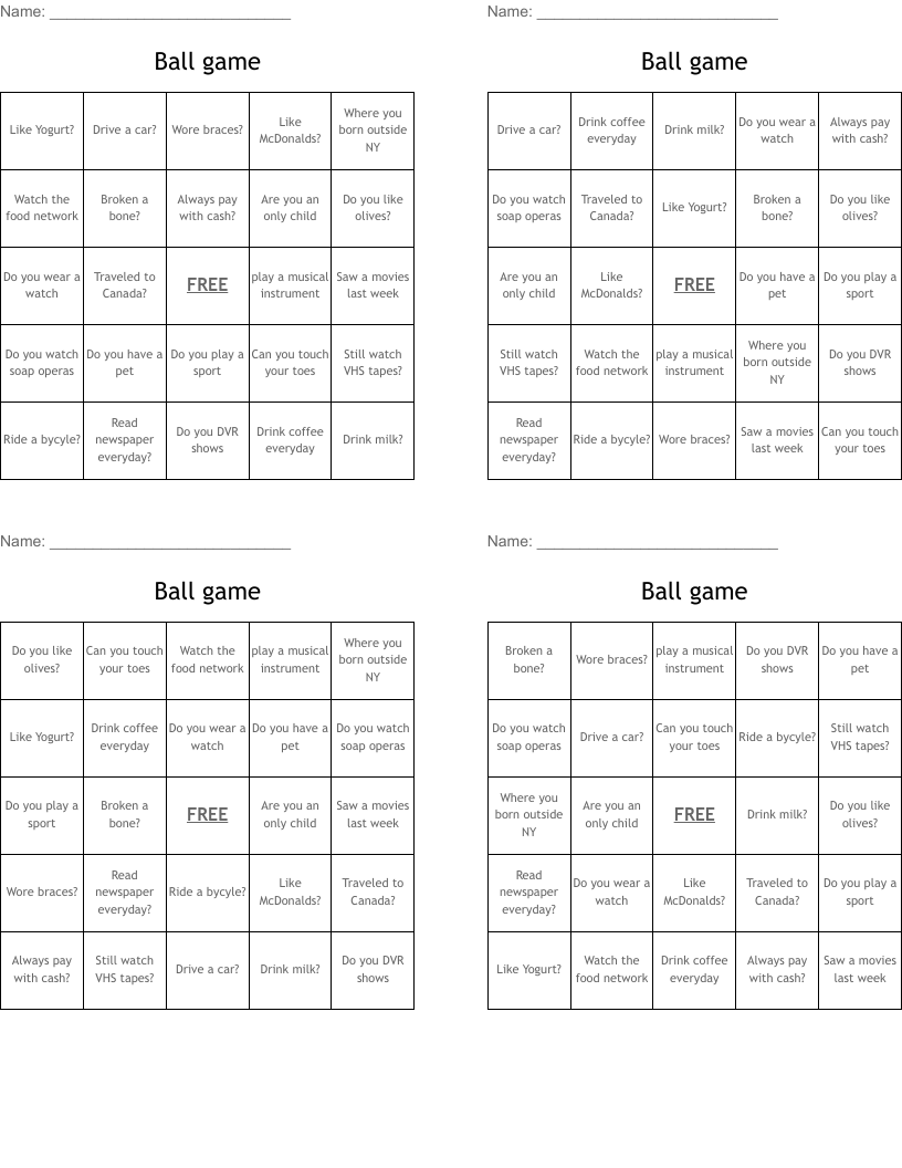 Ball game Bingo Cards - WordMint