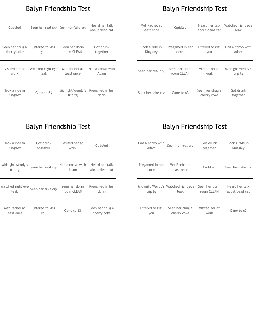 Balyn Friendship Test Bingo Cards - WordMint