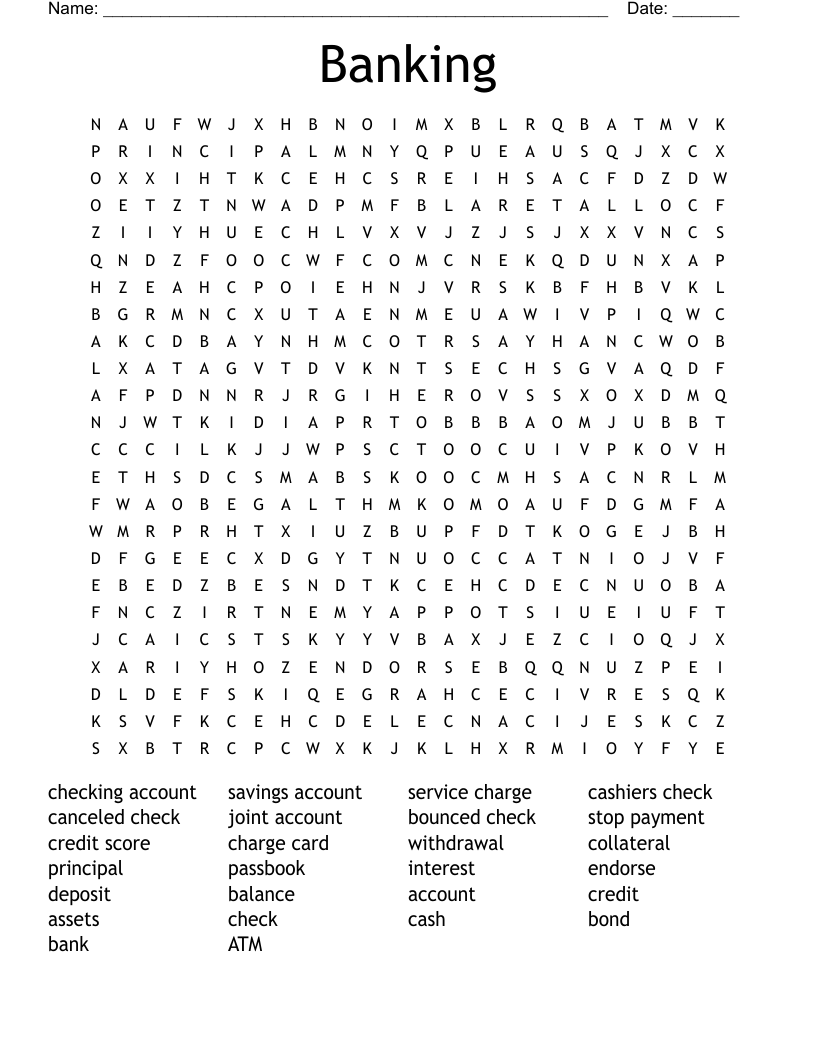 Personal Banking Word Search WordMint
