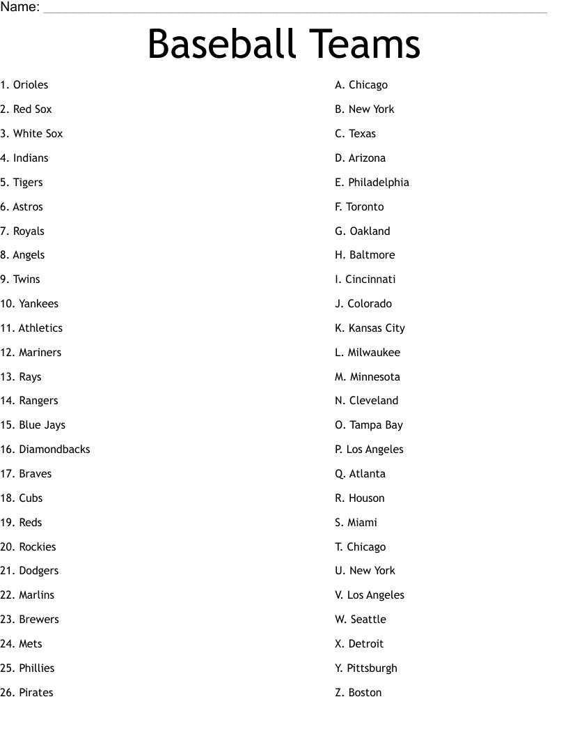 Baseball Teams Worksheet WordMint