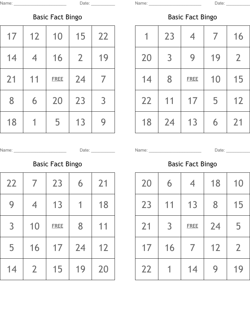 Basic Fact Bingo - WordMint