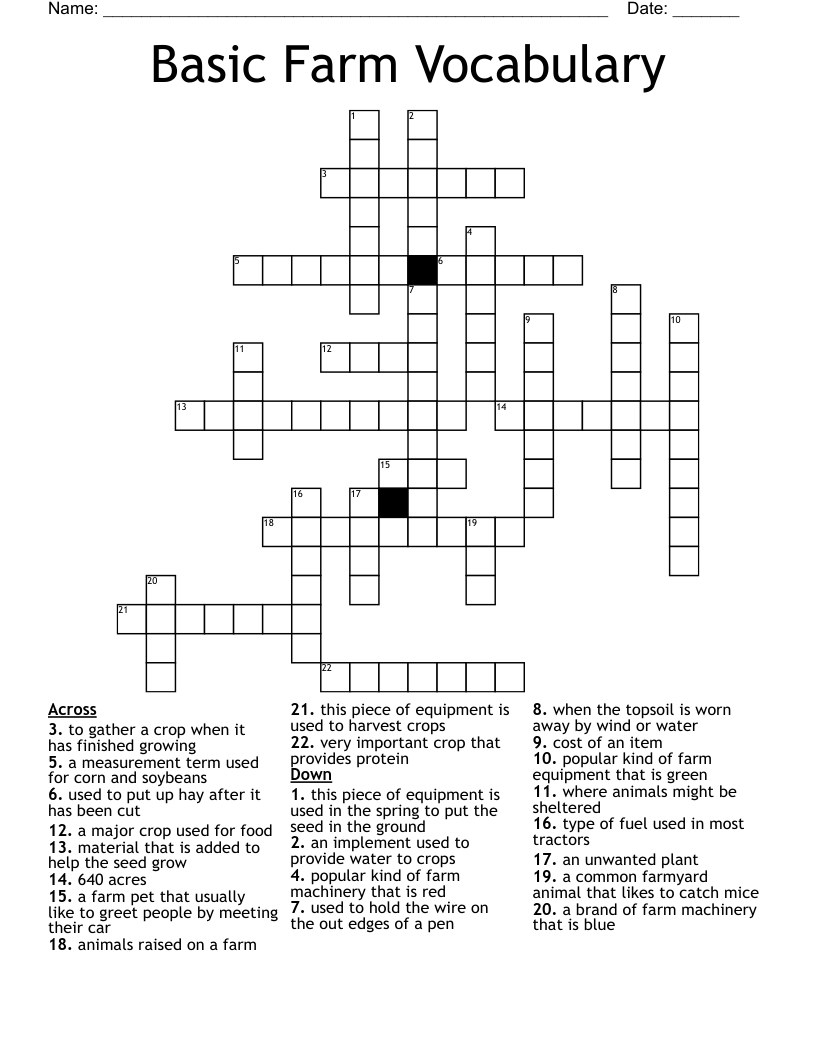 Basic Farm Vocabulary Crossword - WordMint