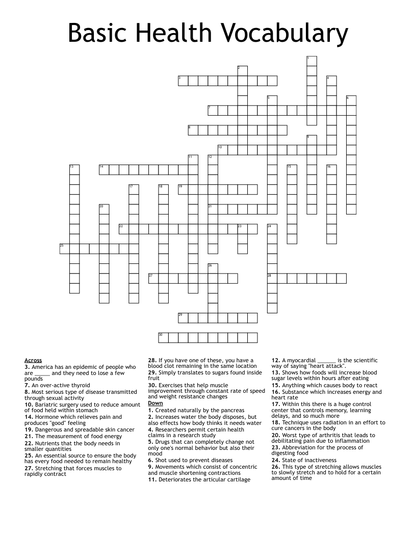 Basic Health Vocabulary Crossword - WordMint
