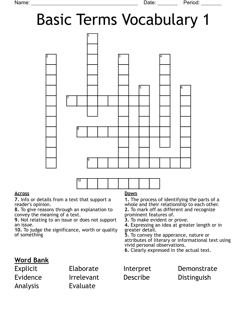Basic Terms Vocabulary 1 Crossword - WordMint
