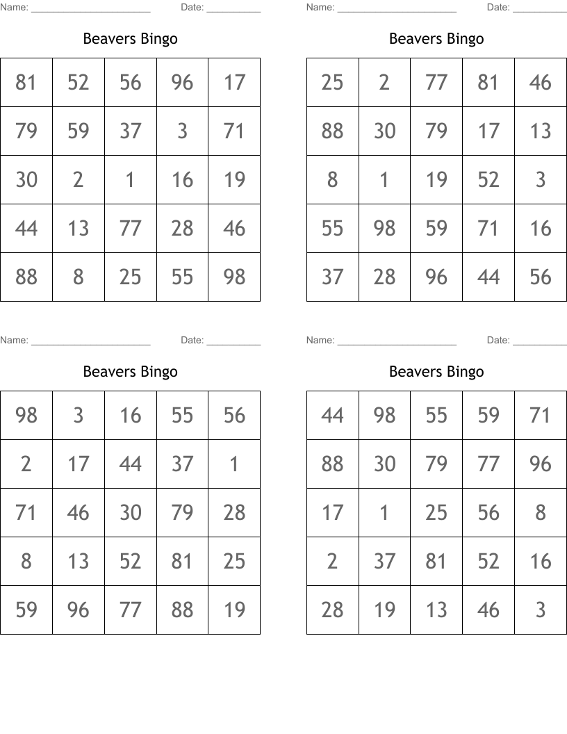 Beavers Bingo - WordMint