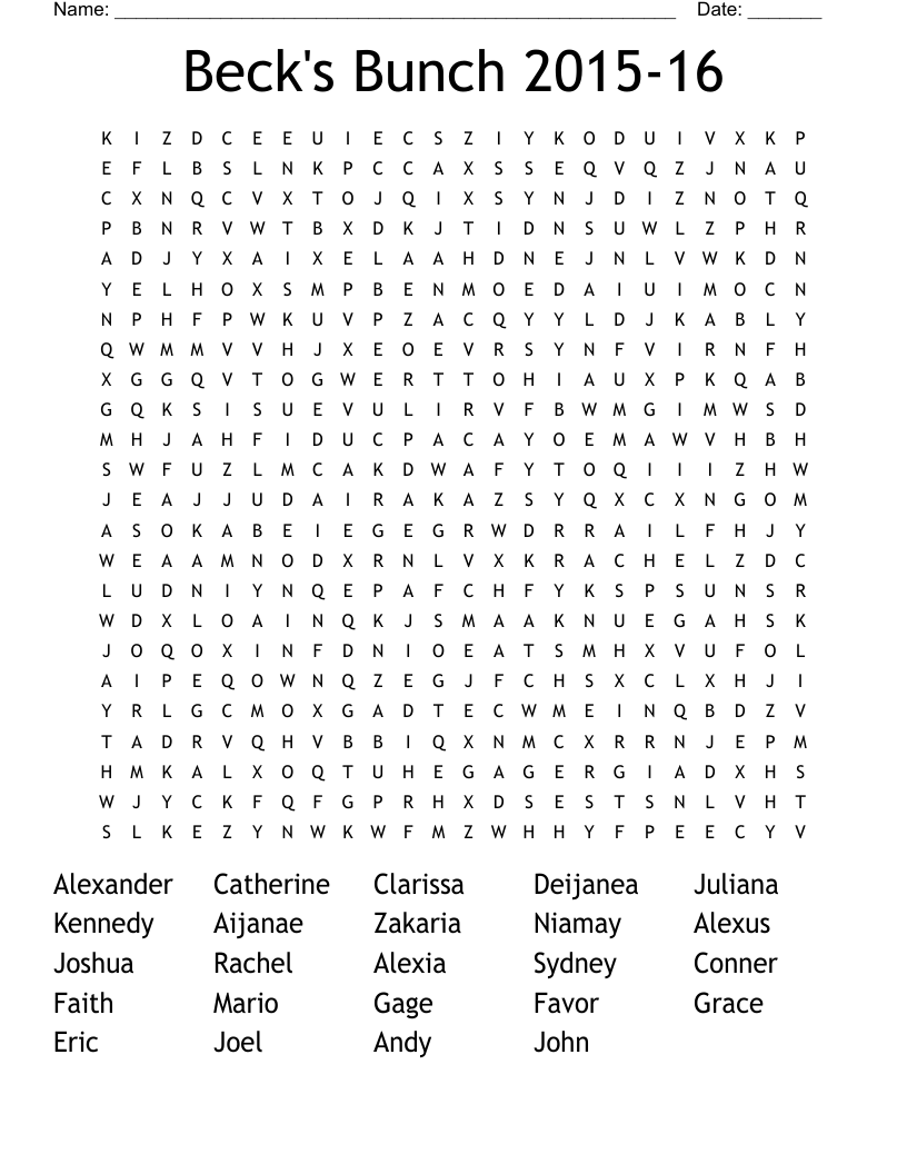 Beck's Bunch 2015-16 Word Search - WordMint