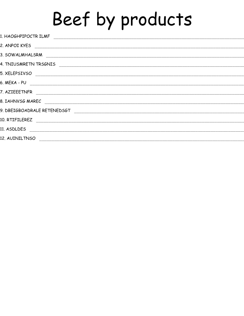 Beef by products Word Scramble - WordMint
