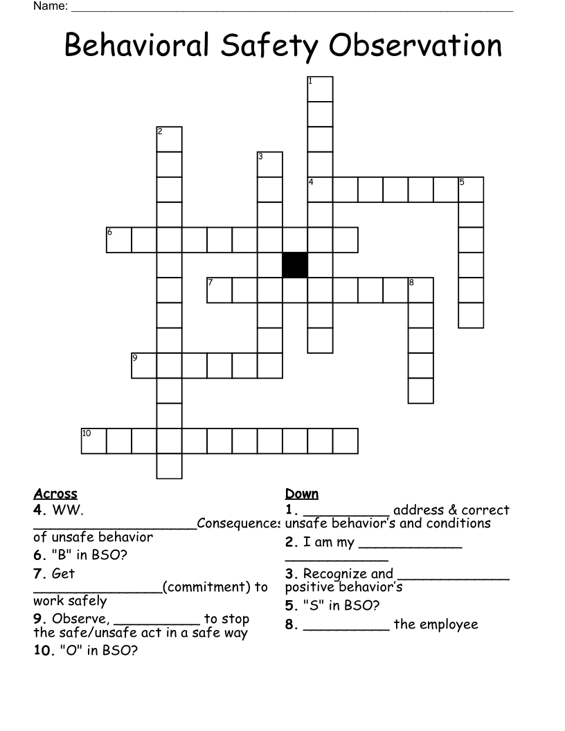 Behavioral Safety Observation Crossword - WordMint