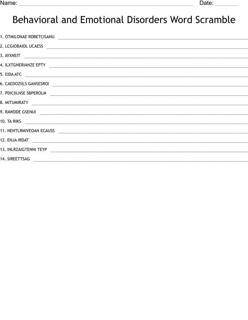 Behavioral and Emotional Disorders Word Scramble - WordMint