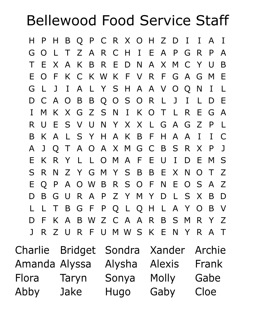 Bellewood Food Service Staff Word Search - WordMint