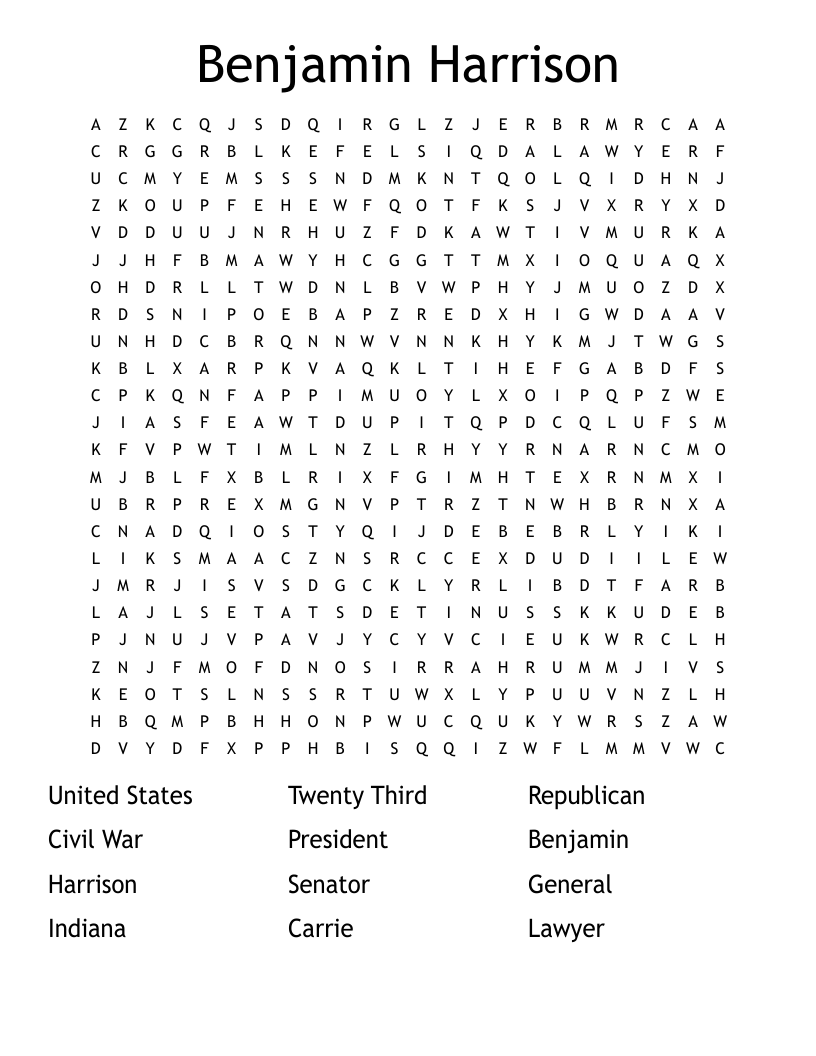 Benjamin Harrison Word Search - WordMint