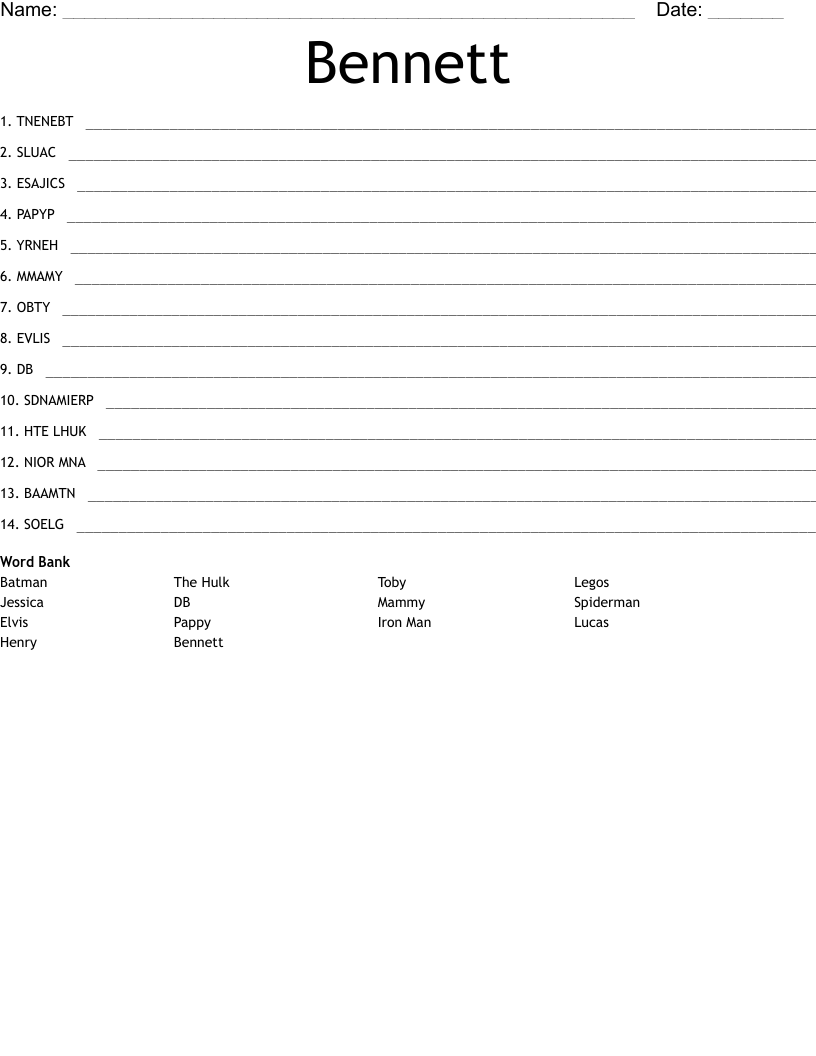 Bennett Word Scramble - WordMint