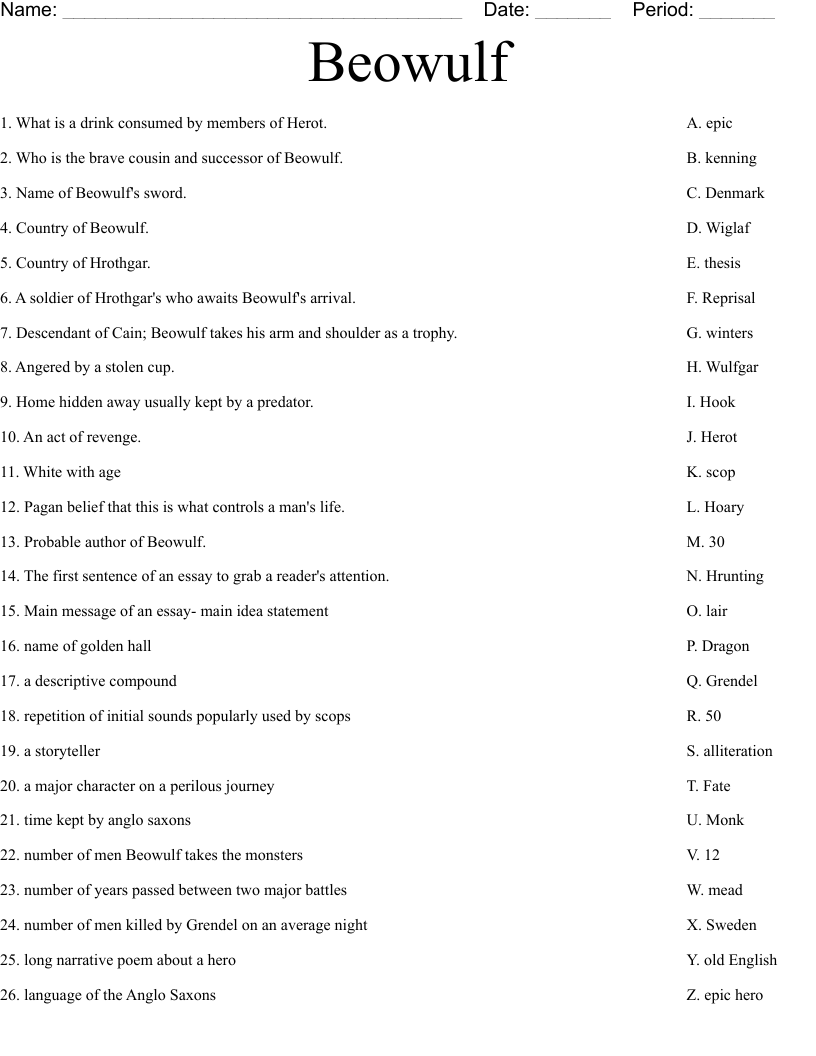 Beowulf Worksheet WordMint