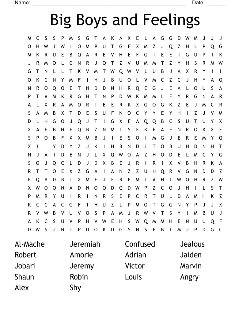 Big Boys and Feelings Word Search - WordMint