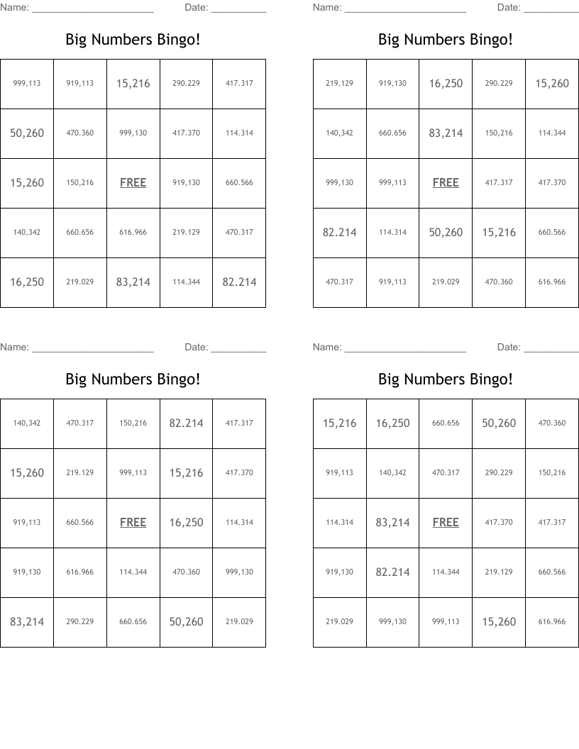 Big Numbers Bingo! - WordMint