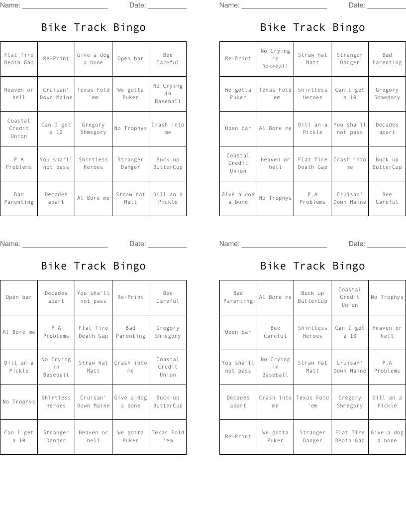Bike Track Bingo - WordMint