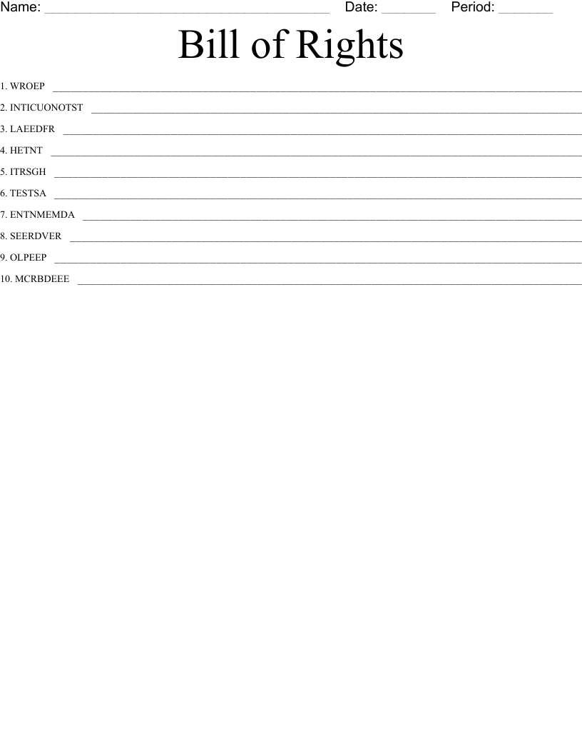 Bill of Rights Word Scramble - WordMint