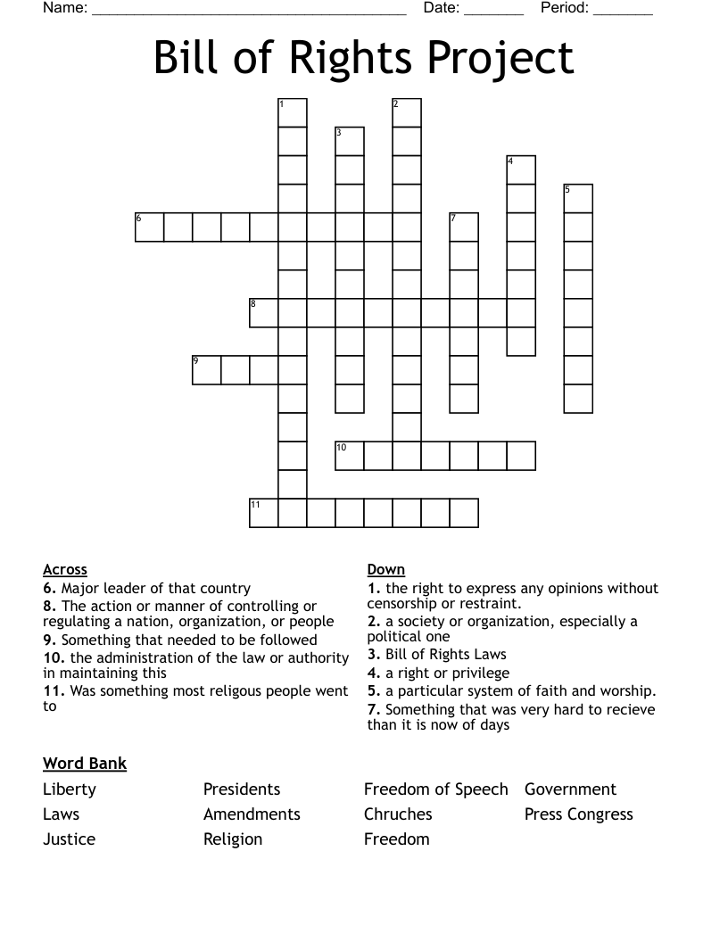 Bill of Rights Project Crossword - WordMint