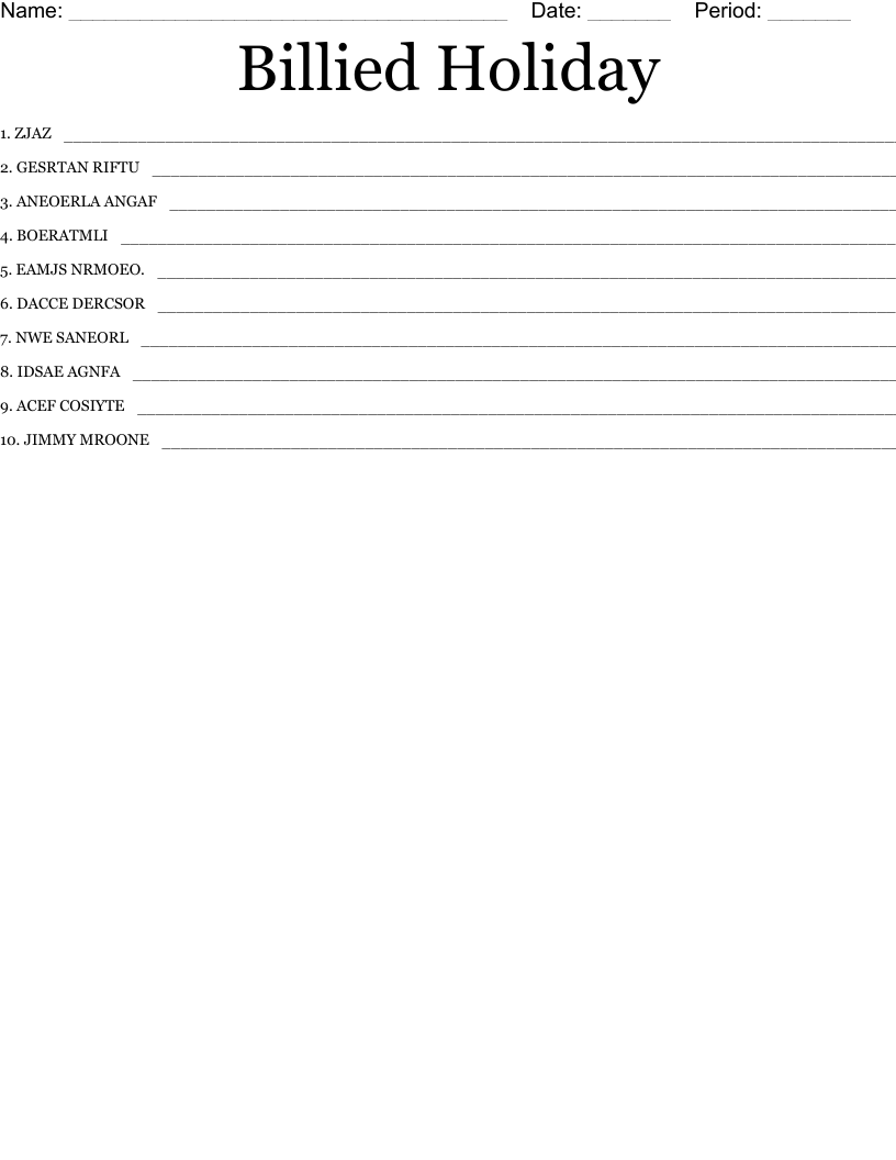 Billied Holiday Word Scramble - WordMint
