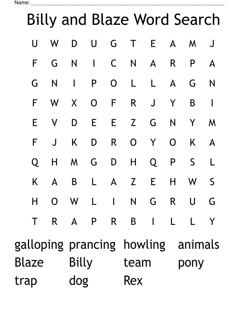 Billy and Blaze Word Search - WordMint