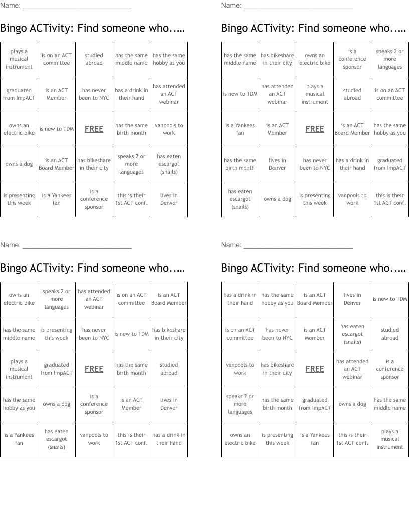 Bingo ACTivity: Find someone who......... (Write their initials in the ...