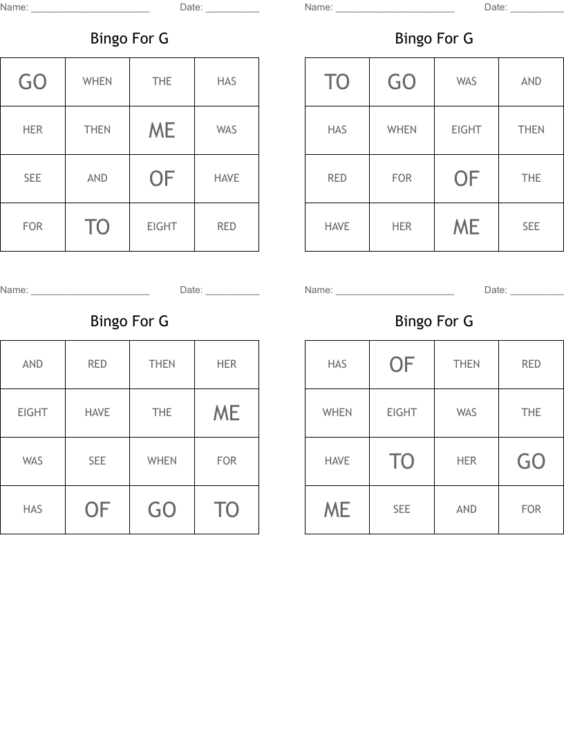 Bingo For G - WordMint