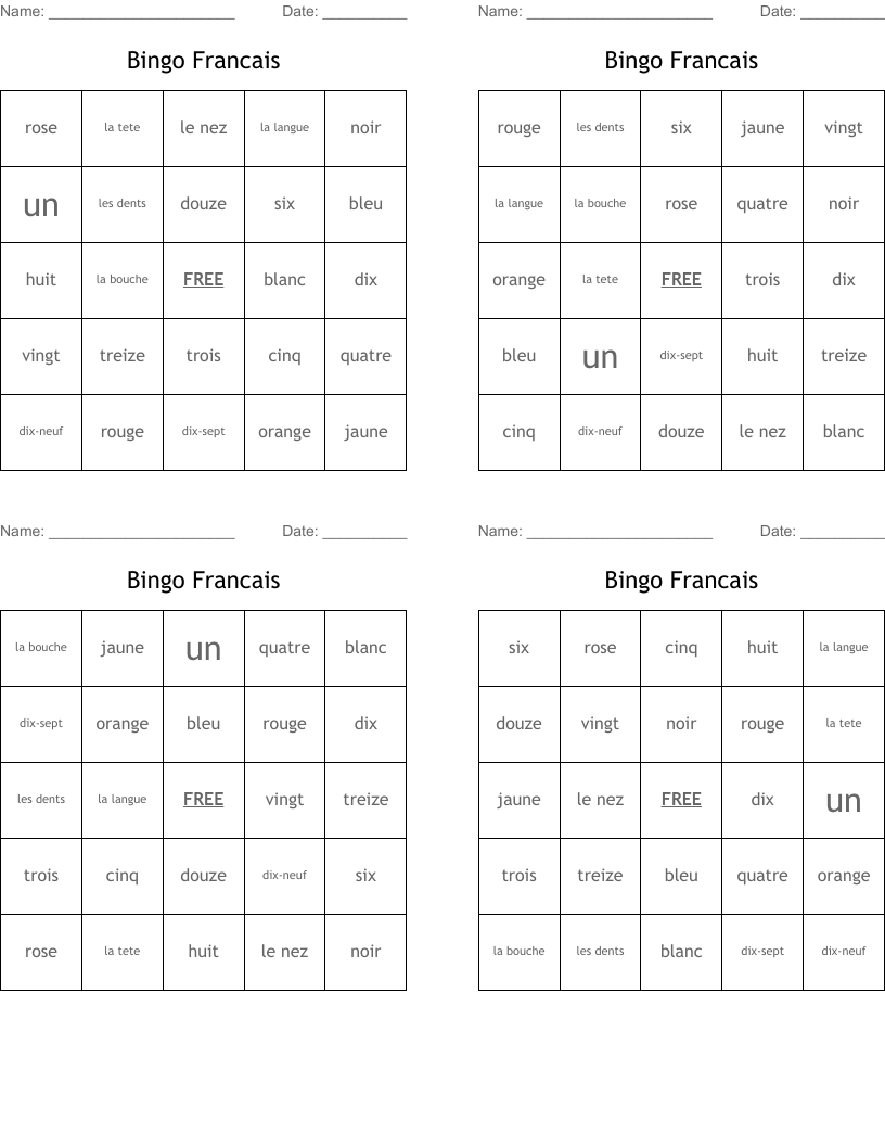 Bingo Francais - WordMint